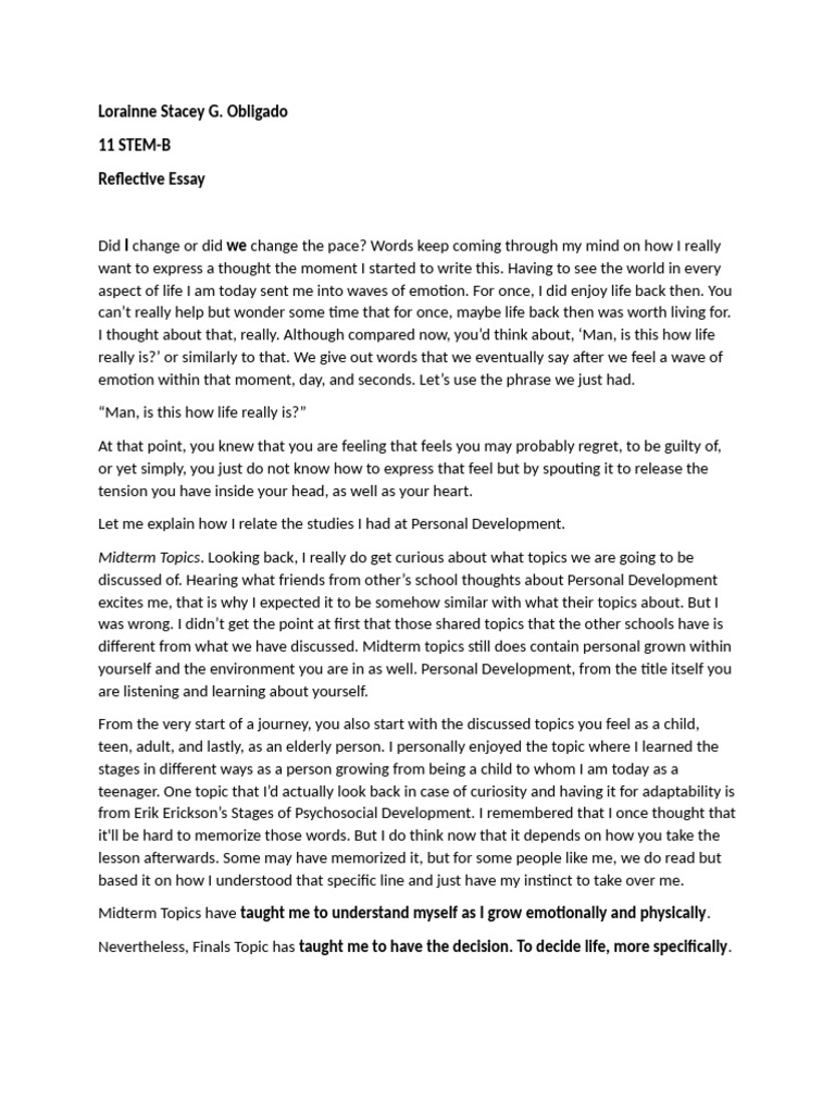 Reflective Essay on Personal Growth | PDF | Thought | Adolescence