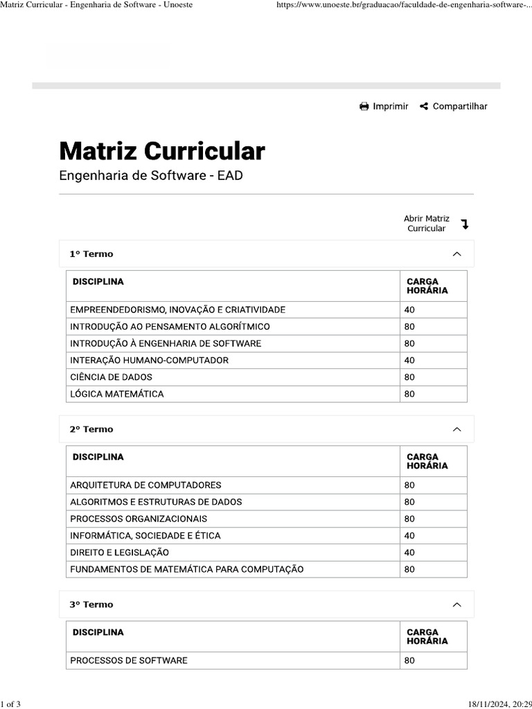 Matriz Curricular - Engenharia de Software - Unoeste | PDF