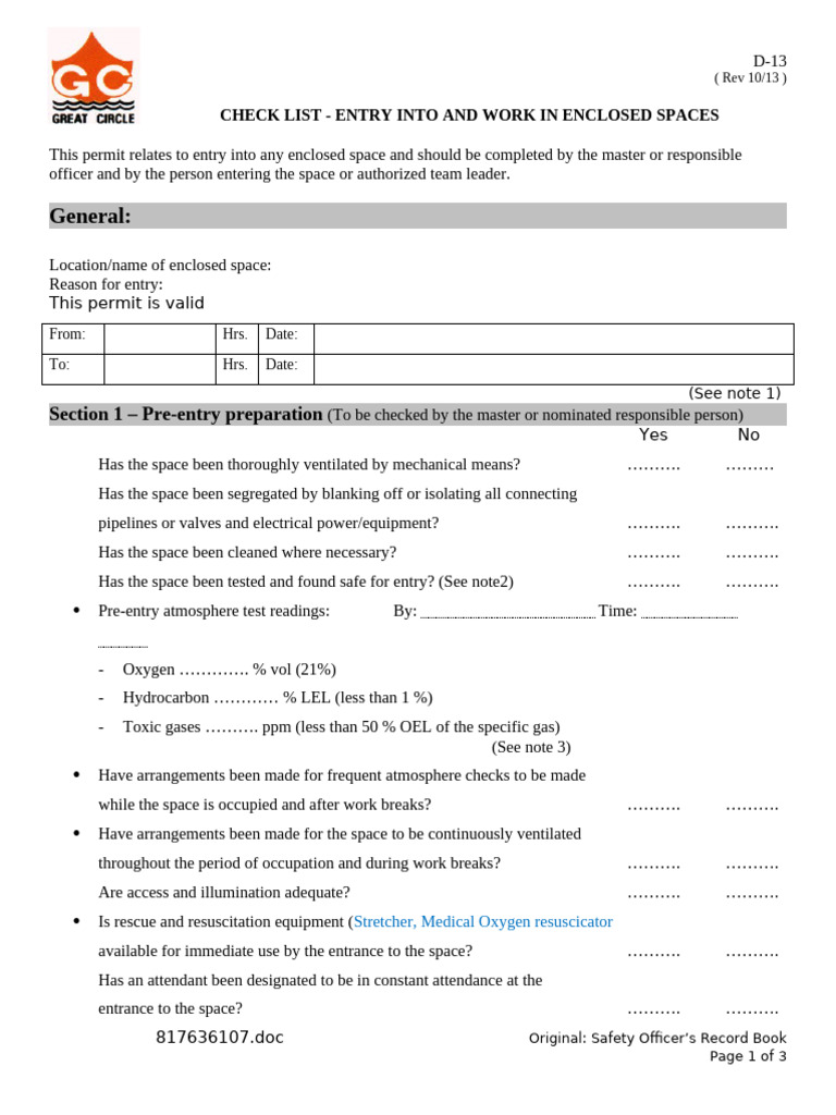 Safe D13 Entry Into Enclosed Space Permit | PDF | Underwater Diving ...