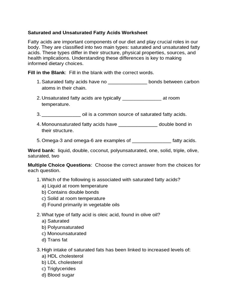 Saturated and Unsaturated Fatty Acids Worksheet | PDF | Saturated Fat ...