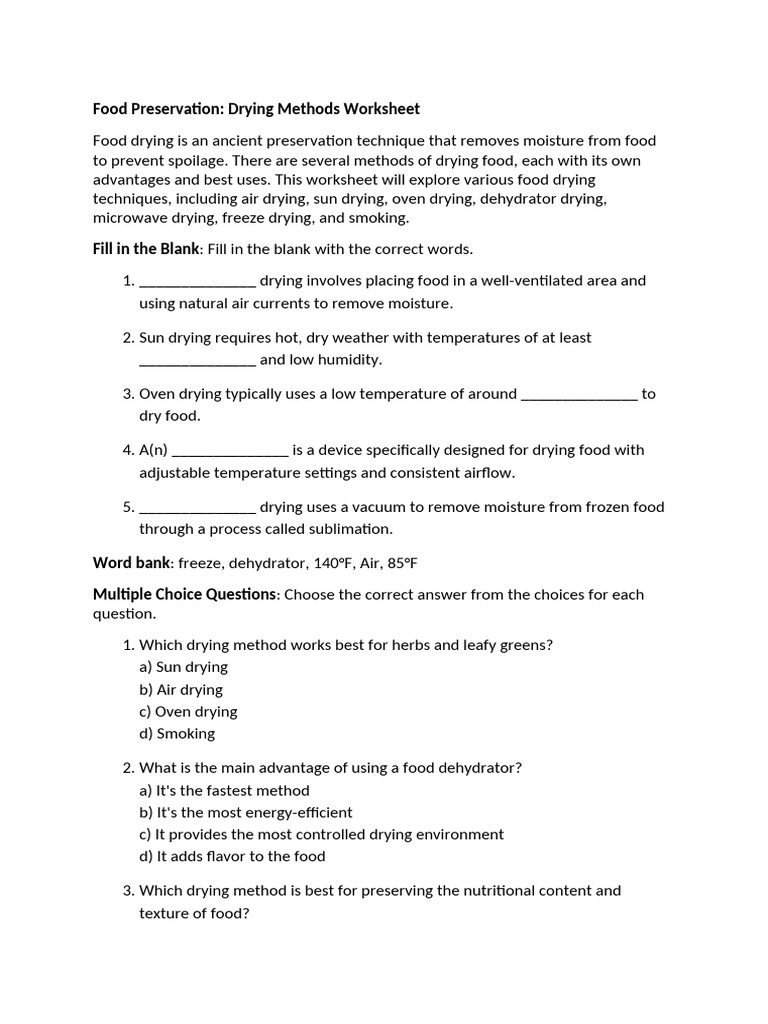 Food Preservation: Drying Methods Worksheet | PDF | Food Preservation ...