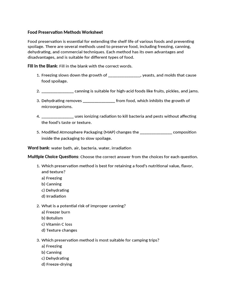 Food Preservation Worksheet 2 | PDF | Food Preservation | Canning