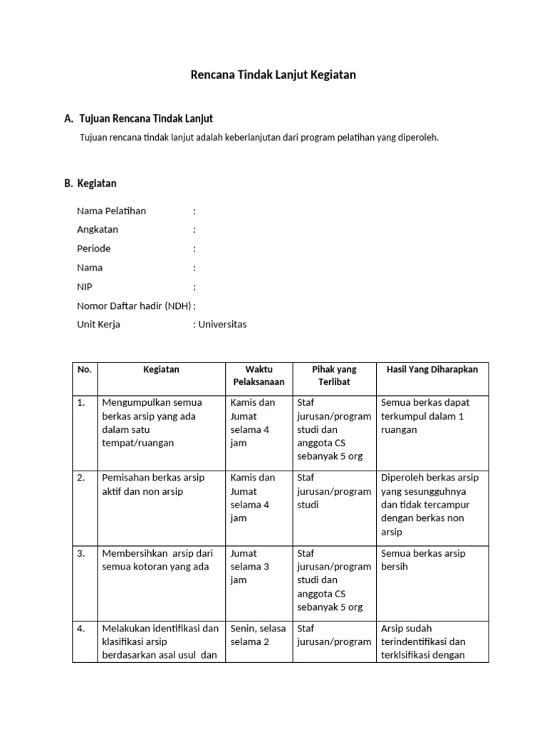 Rencana Tindak Lanjut Contoh | PDF