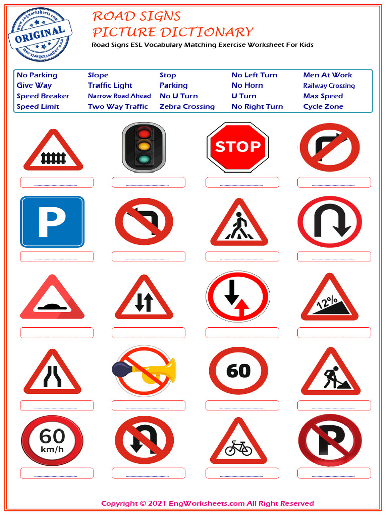 Road Signs Esl Vocabulary Matching Exercise Worksheet For Kids 7246 ...