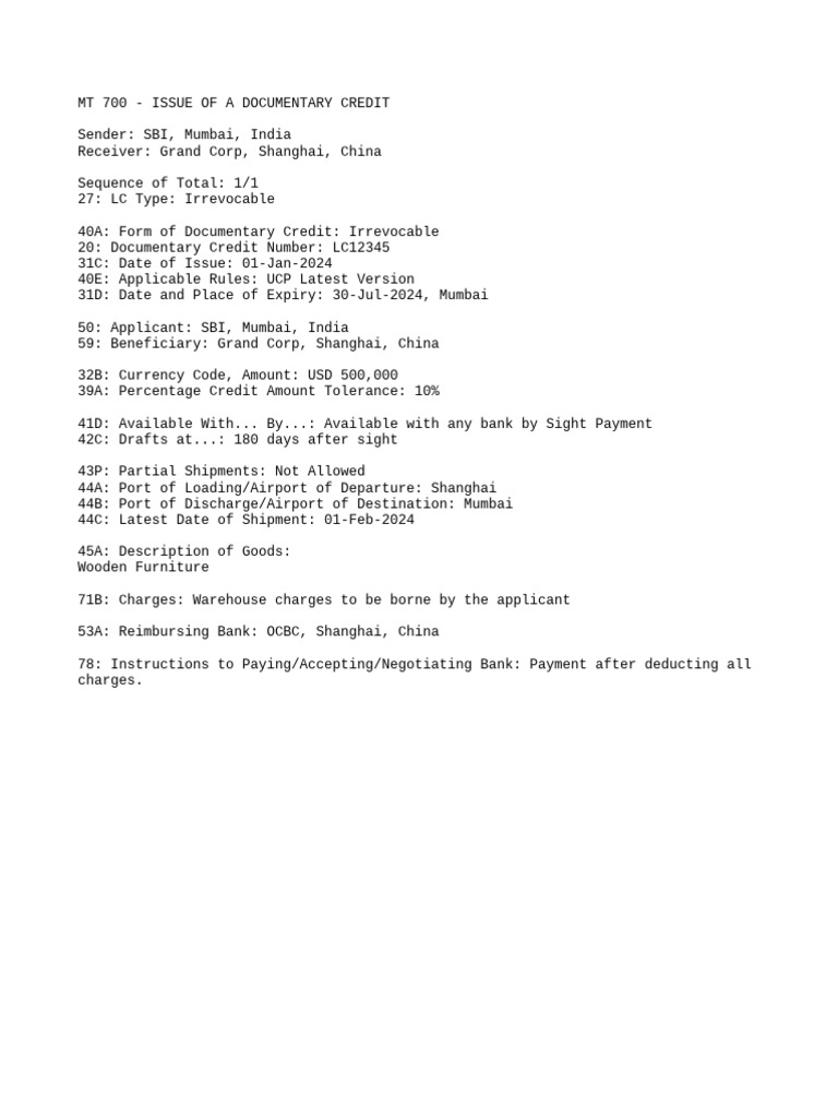 SWIFT MT 700 Messagesh | PDF | Finance & Money Management