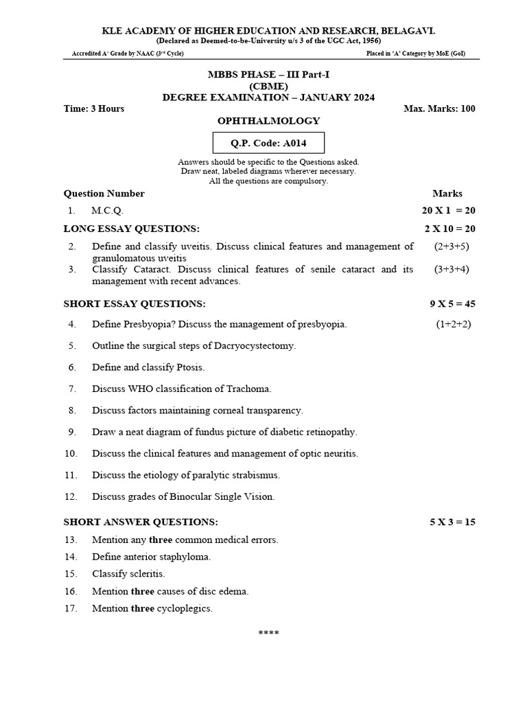 Ophthalmology Exam Questions January 2024 | PDF | Glaucoma | Diseases ...