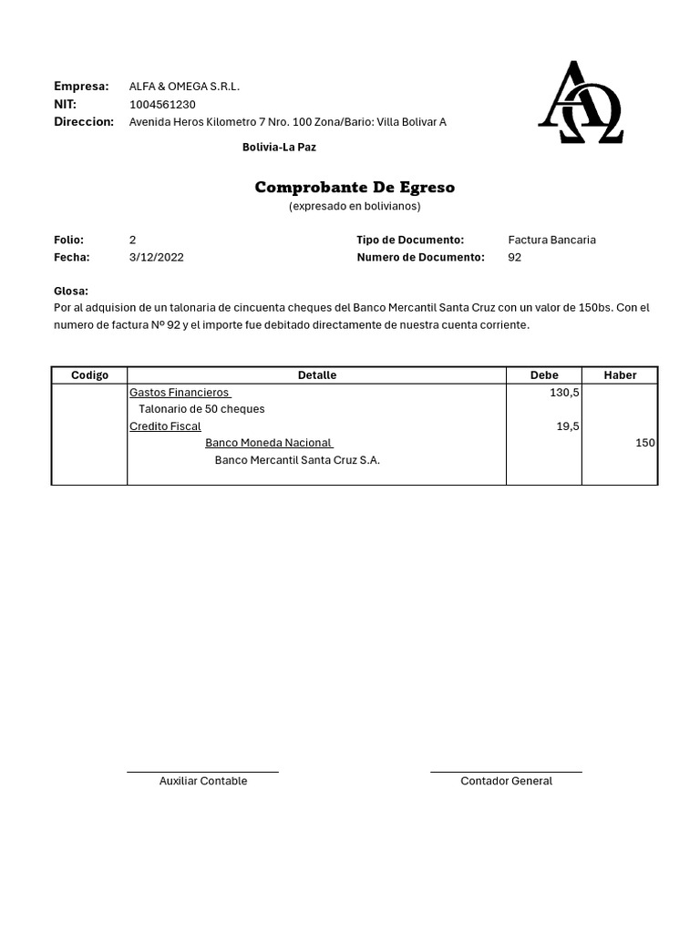 Comprobante de Egreso: Empresa: Nit: Direccion | PDF | Finanzas y dinero