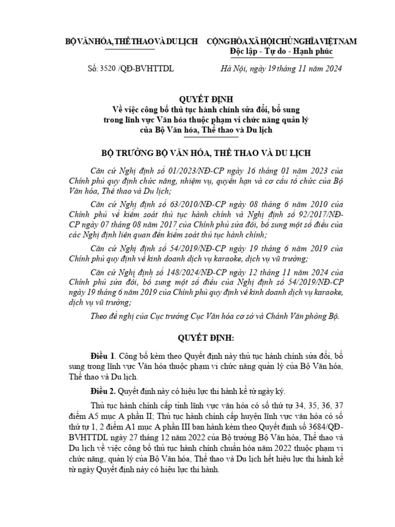 Quyet Dinh 3520 QD BVHTTDL 2024 Cong Bo TTHC Sua Doi Linh Vuc Van Hoa | PDF