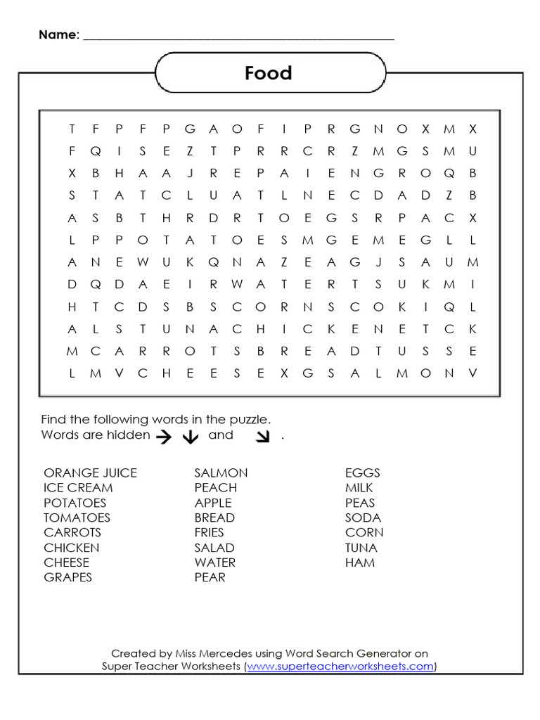 Food Word Search Worksheet | PDF | Salad | Foods
