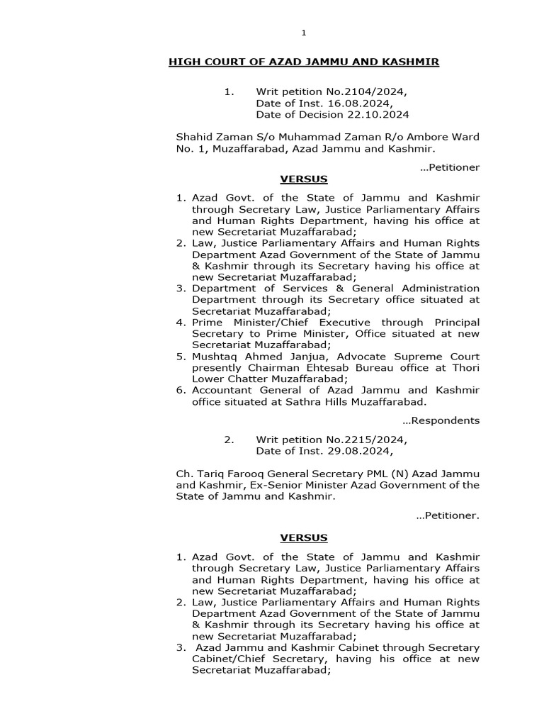 CH Tariq Farooq Vs Azad Govt and Others | PDF | Writ | Advocate