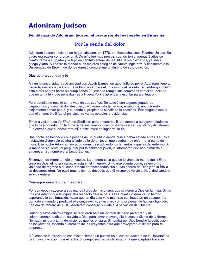 Adoniram Judson: Misionero en Birmania | PDF | Cristo (título) | Oración