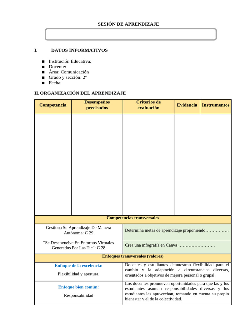 Esquema de Sesion de Aprendizaje para Todas Las Áreas | PDF | Evaluación | Aprendizaje