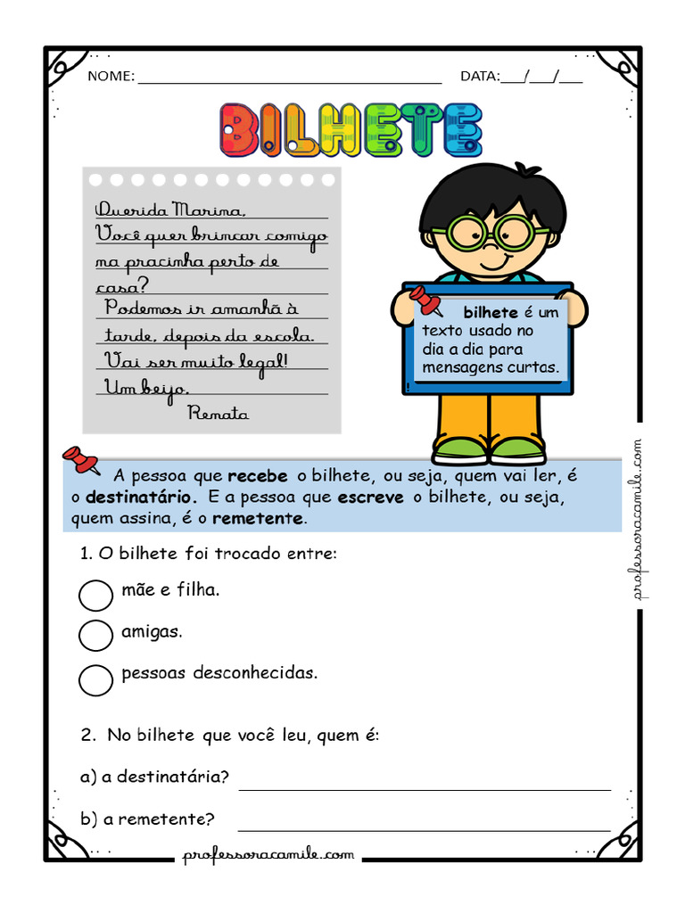 Atividade de Portugues Genero Textual Bilhete | PDF
