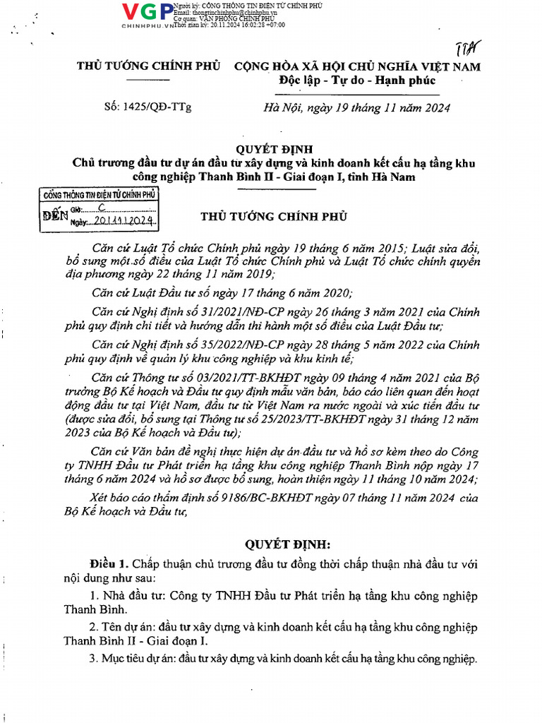 Quyet Dinh 1425 QD TTG 2024 Chu Truong Du An Xay Dung Va Kinh Doanh Ket Cau Ha Tang KCN Thanh ...