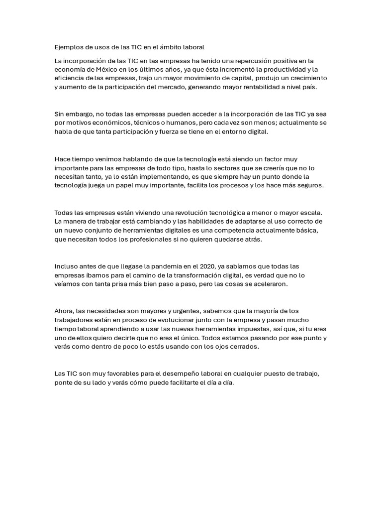 Ejemplos de Usos de Las TIC en El Ámbito Laboral | PDF