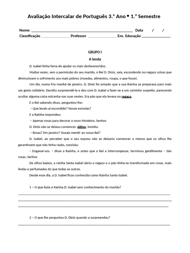 Ficha Avaliaçao Intercalar - PT - 1ºsemestre | PDF