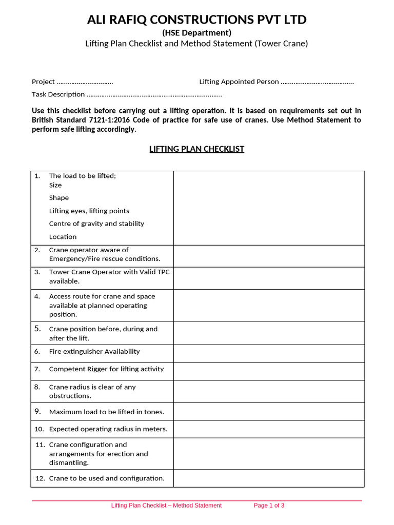 Lifting Plan Checklist & Method Statement | PDF | Crane (Machine)