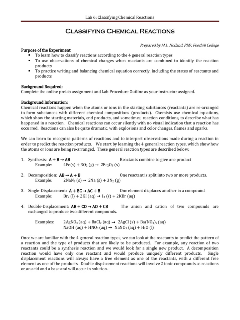 Classifying Chemical Reactions Lab | PDF | Chemical Reactions ...
