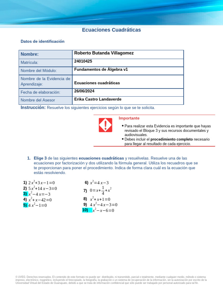Butanda - Roberto - B3 - EA3 - Ecuaciones Cuadráticas | PDF ...