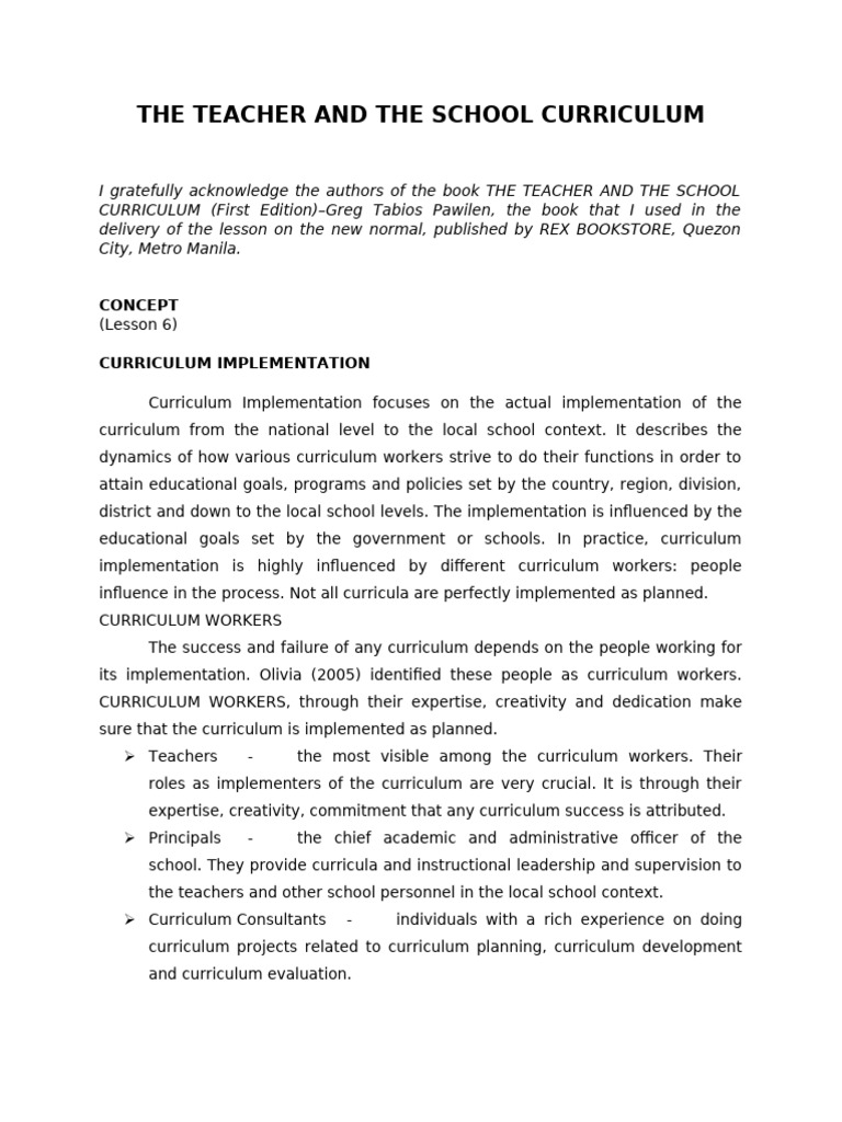 Notes 6 The Teacher and The School Curriculum | PDF | Curriculum | Schools