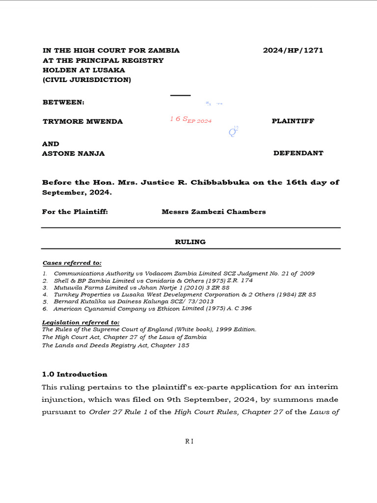 Trymore Mwenda V Astone Nanja (2024HP1271) 2024 ZMHC 156 (16 September 2024) | PDF | Injunction ...