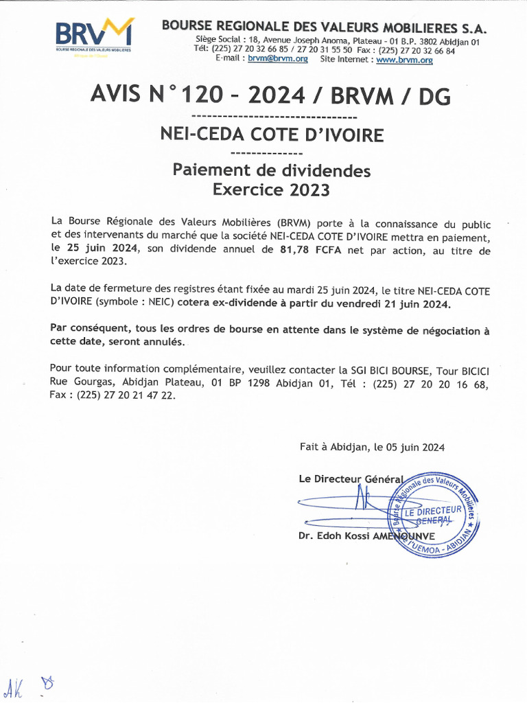Nei Ceda Ci Nei Ceda Cote Divoire Paiement de Dividendes Exercice 2023 ...