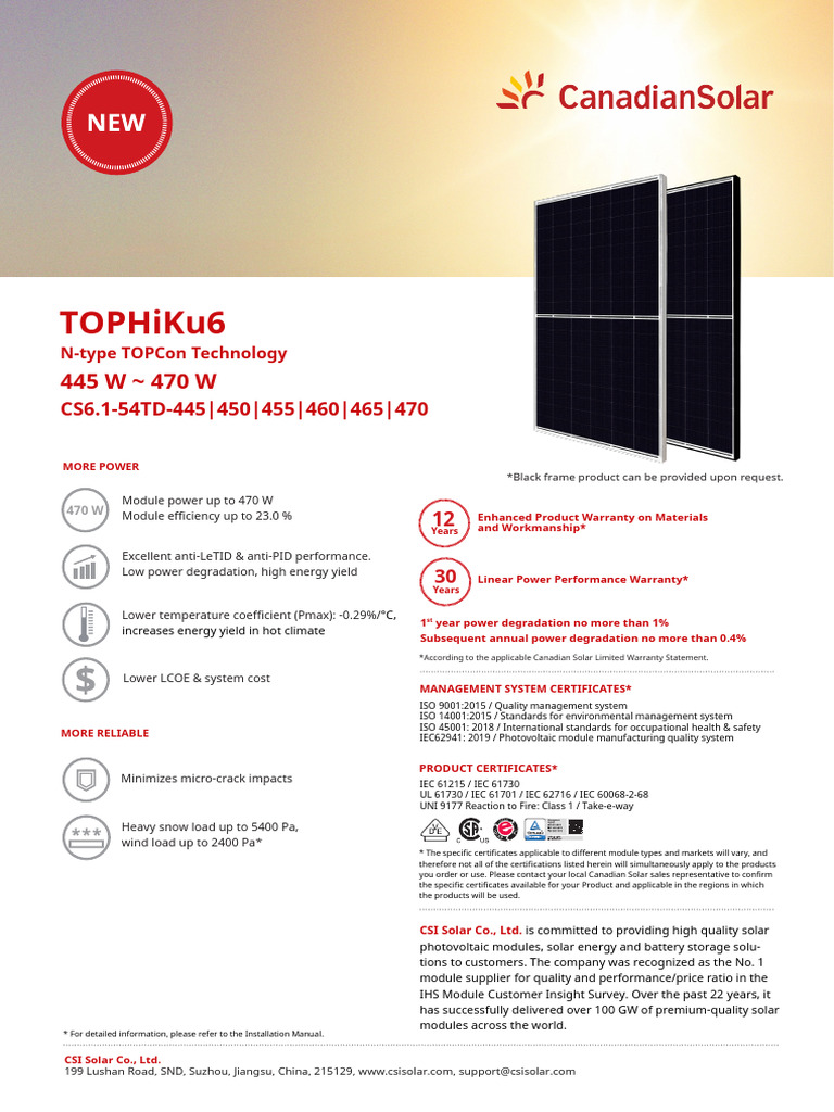 CS-Datasheet-TOPHiKu6 CS61-54TD v13 EN 240903 111528 | PDF | Photovoltaics | Solar Panel
