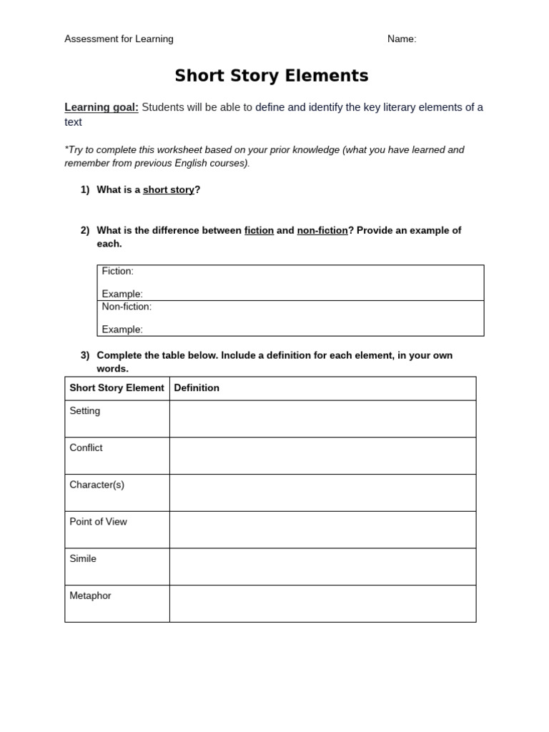 (AforL) Literary Elements Worksheet | PDF | Foreign Language Studies