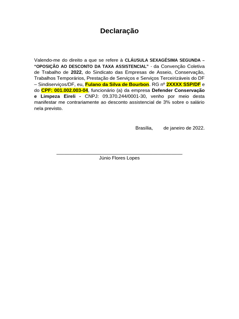 Declaração Modelo SINDICATO 2022 | PDF