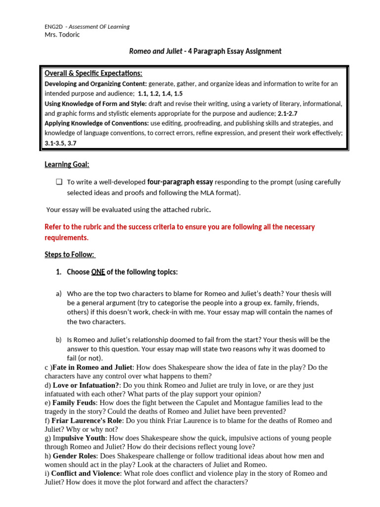 Romeo & Juliet Essay Guide | PDF | Characters In Romeo And Juliet ...