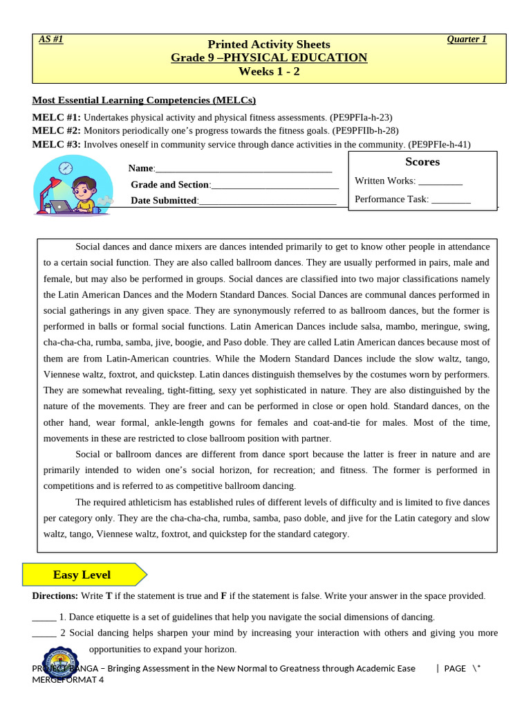 PE 9 ACTIVITY-SHEETS WEEK 1-4 Q1 1-Layout-Edited | PDF | Ballroom Dance ...