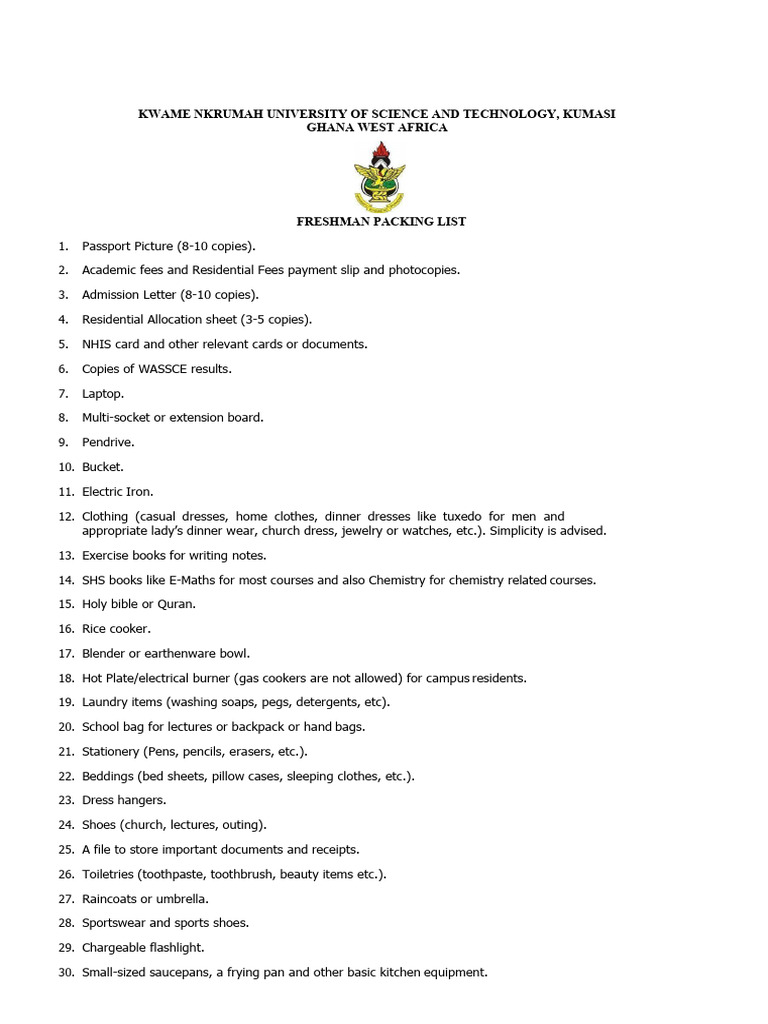 Knust Freshman Packing List PDF | PDF