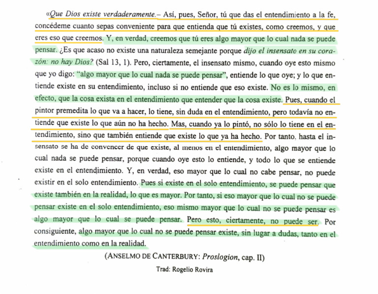 San Anselmo - Proslogion, Cap. II - Traducción Rogelio Rovira | PDF