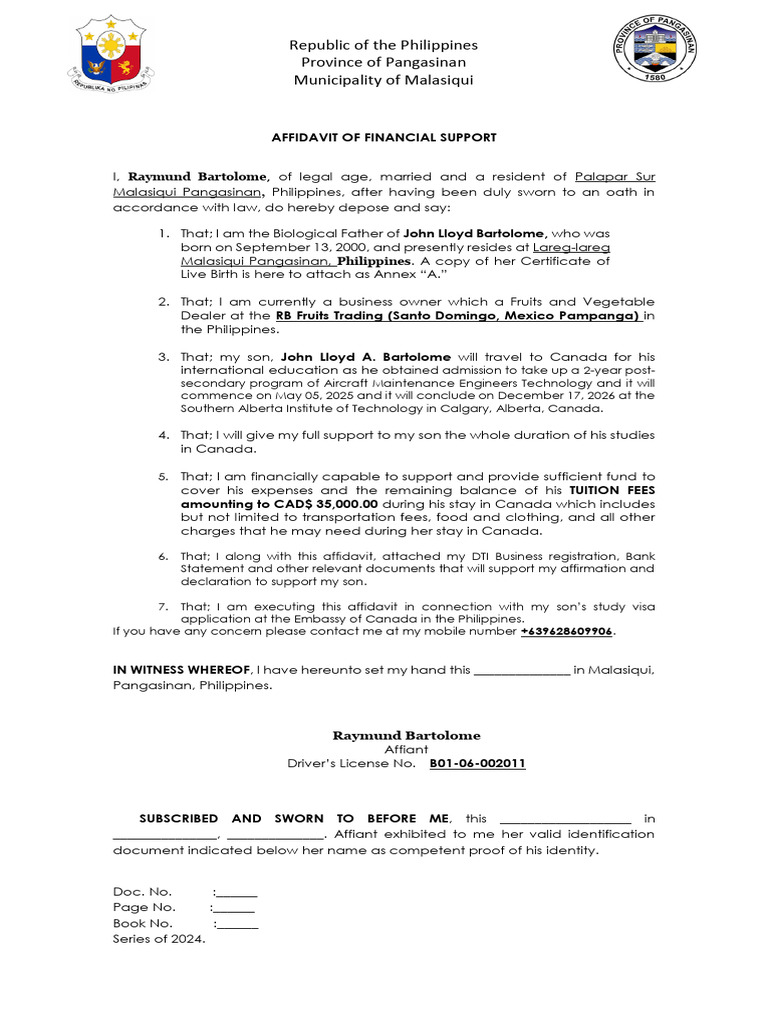 Father - Affidavit of Support | PDF | Affidavit