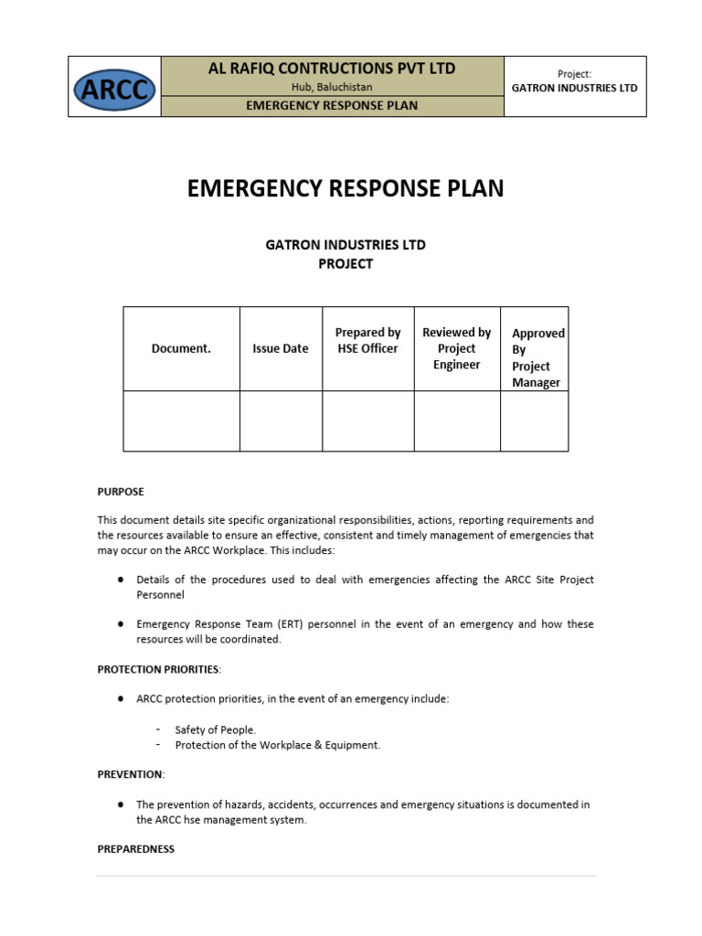 Emergency Response Plan (ARCC) | PDF | Emergency | First Aid