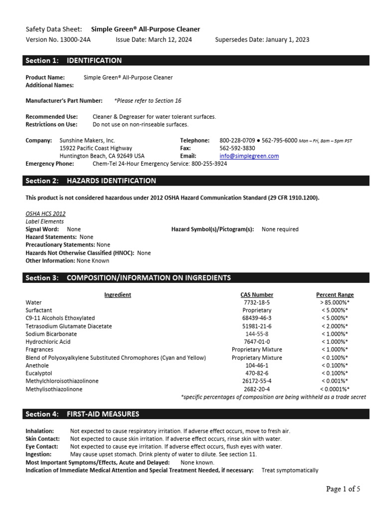 Simple Green All-Purpose Cleaner SDS | PDF | Environmental Science ...