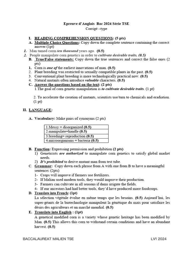BK - Bac LV1 Anglais Corrige Tse 2024 | PDF | Plant Breeding | Genetics
