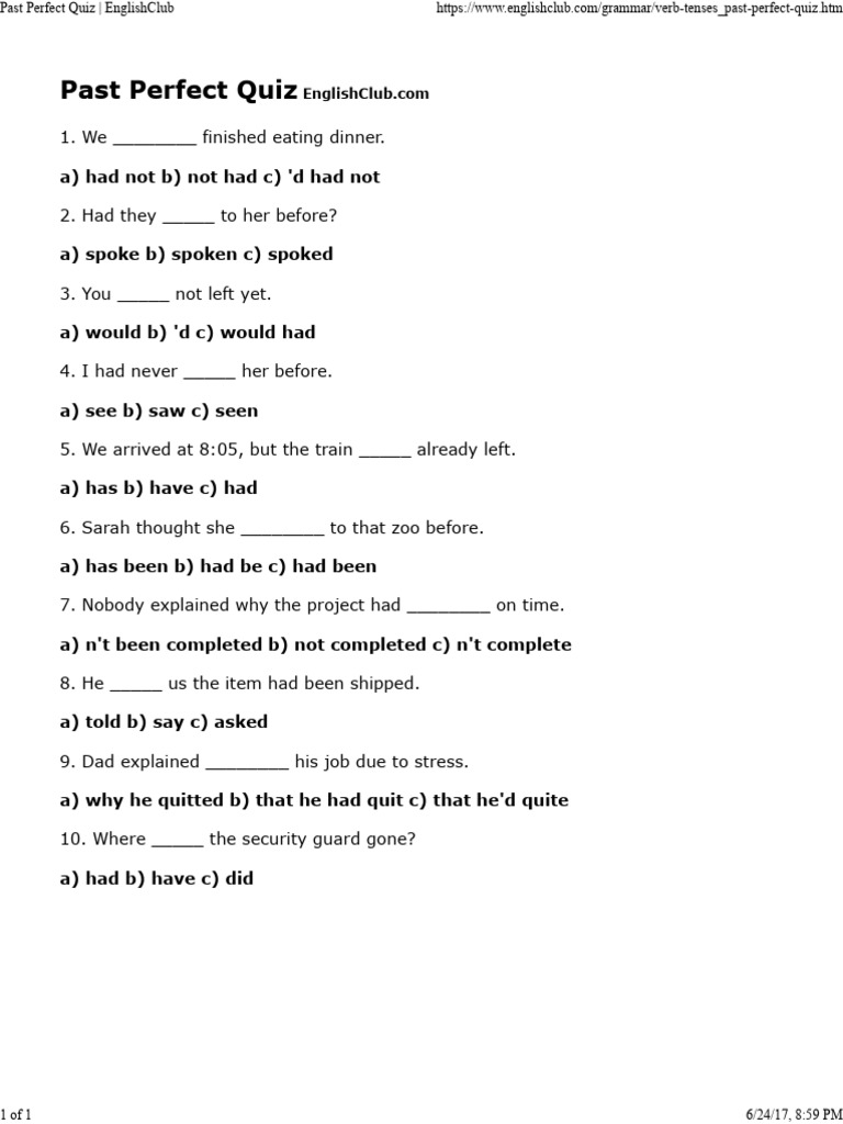 Past Perfect Tense Quiz for Learners | PDF