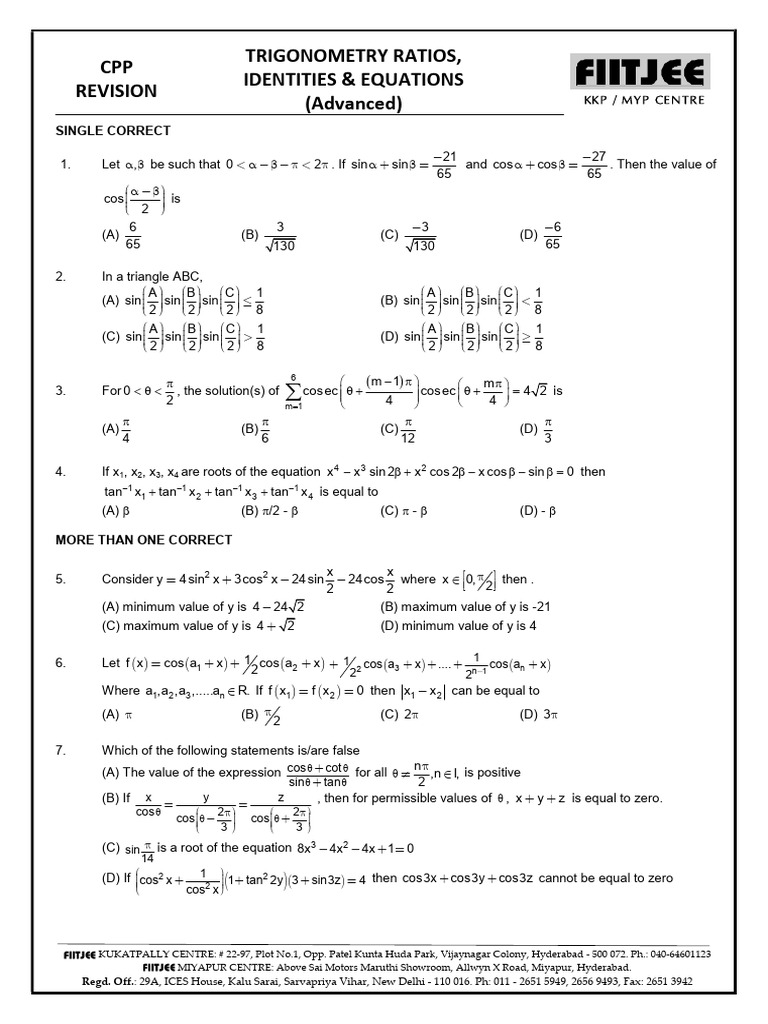 Trigonometry Ratios Identities And Eqs Adv Cpp Pdf Trigonometry Trigonometric Functions