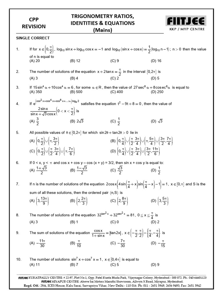 Trigonometry Ratios, Identities and Equations - Mains | PDF | Trigonometric Functions ...