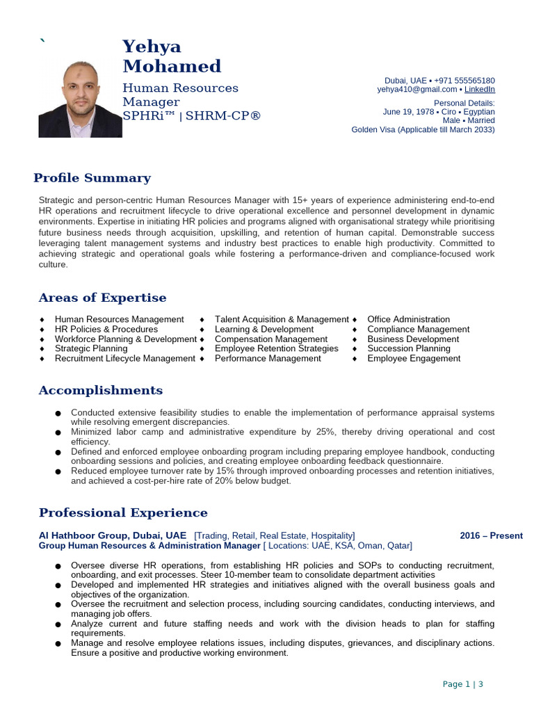 Yehia Mohamed CV SHRM-CP and SPHRi | PDF | Human Resources | Employment