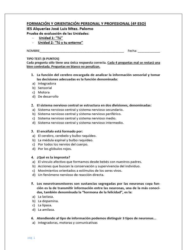 UT 1 y 2 - FOPP - 4 ESO - Examen en PDF | PDF | Sistema nervioso ...