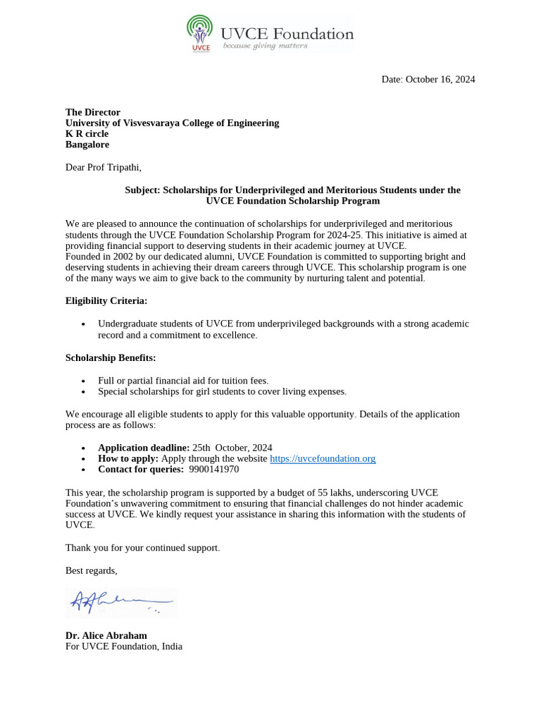 UVCE Scholarship - Lettertodirector | PDF | Finance & Money Management ...