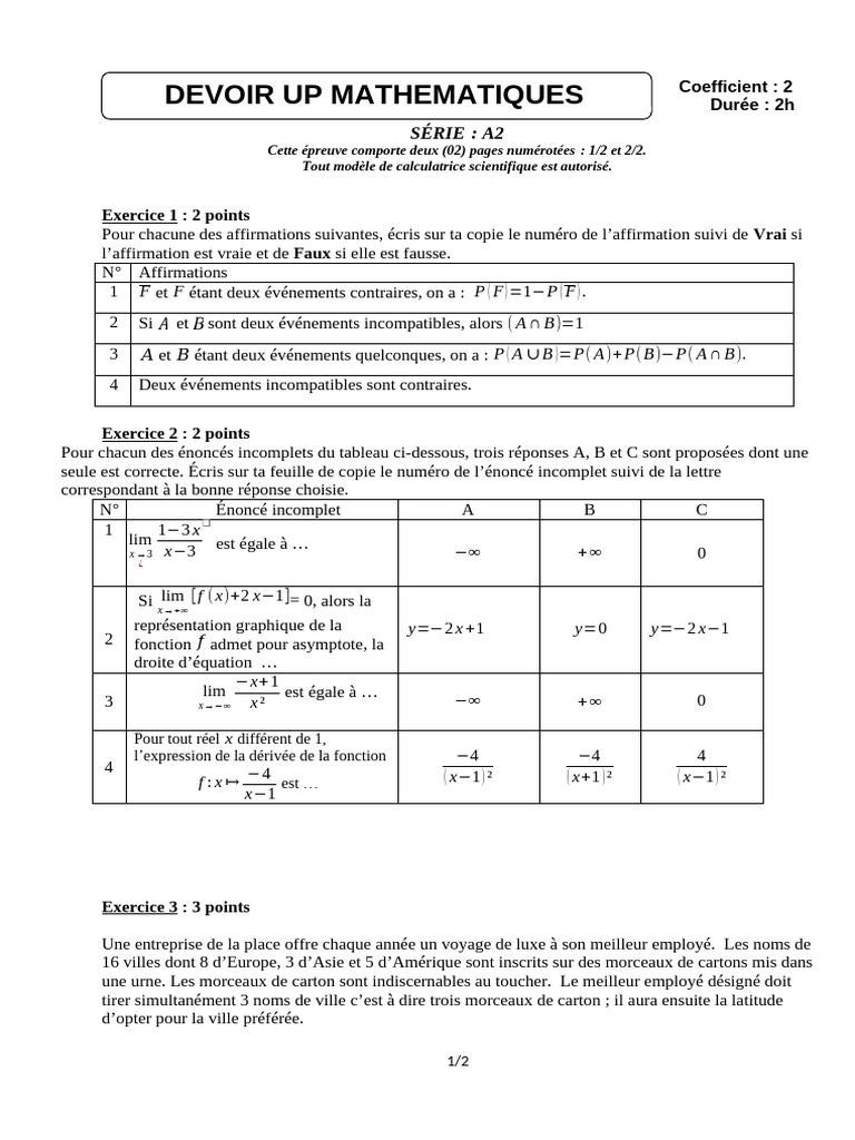 Épreuve de Maths pour 6ème A2 | PDF | Probabilité | Mathématiques