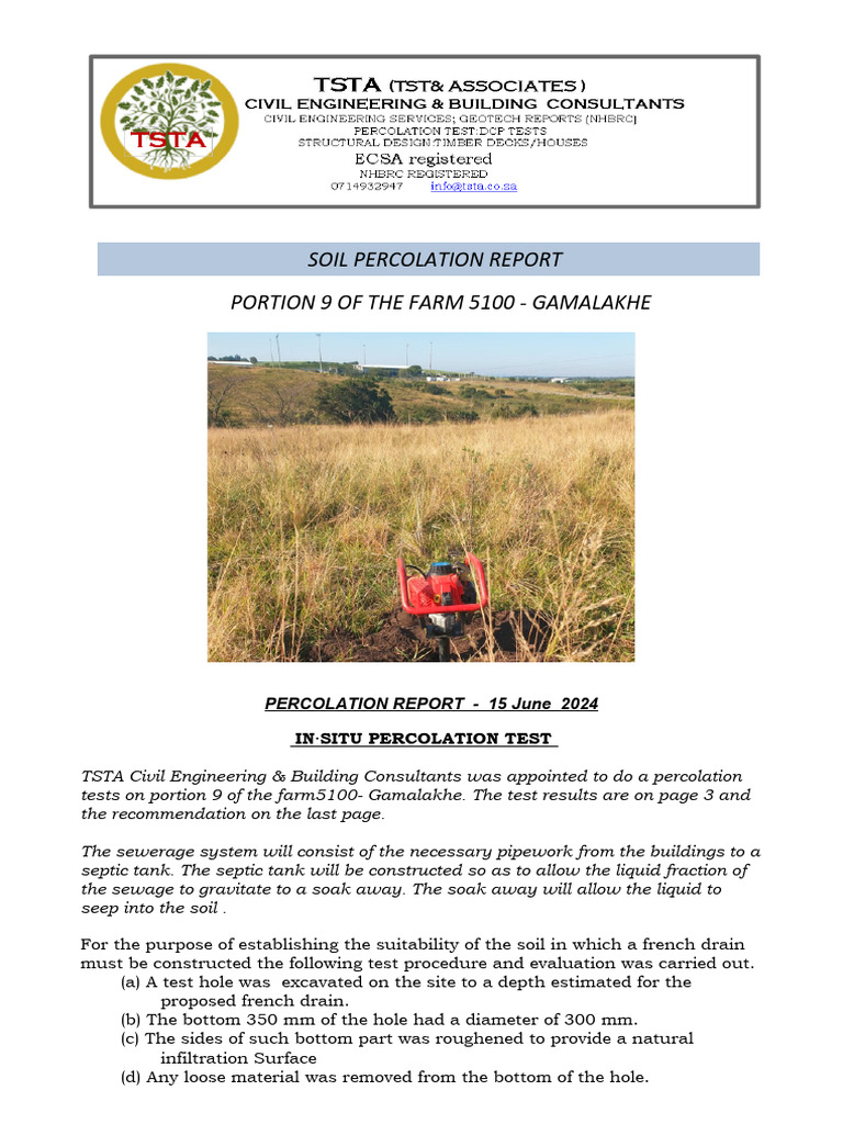 Percolation Test Report Portion 9 of Farm 5100 Gamalakhe | PDF ...