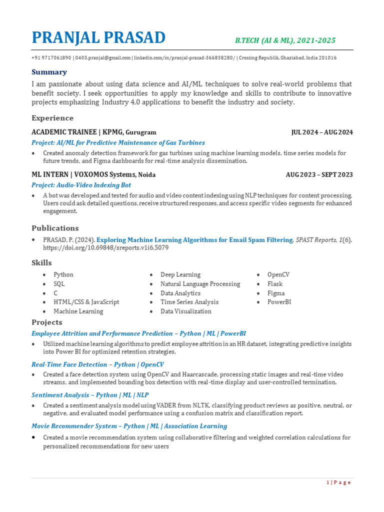 Pranjal Sept 2024 Resume | PDF | Machine Learning | Artificial Intelligence