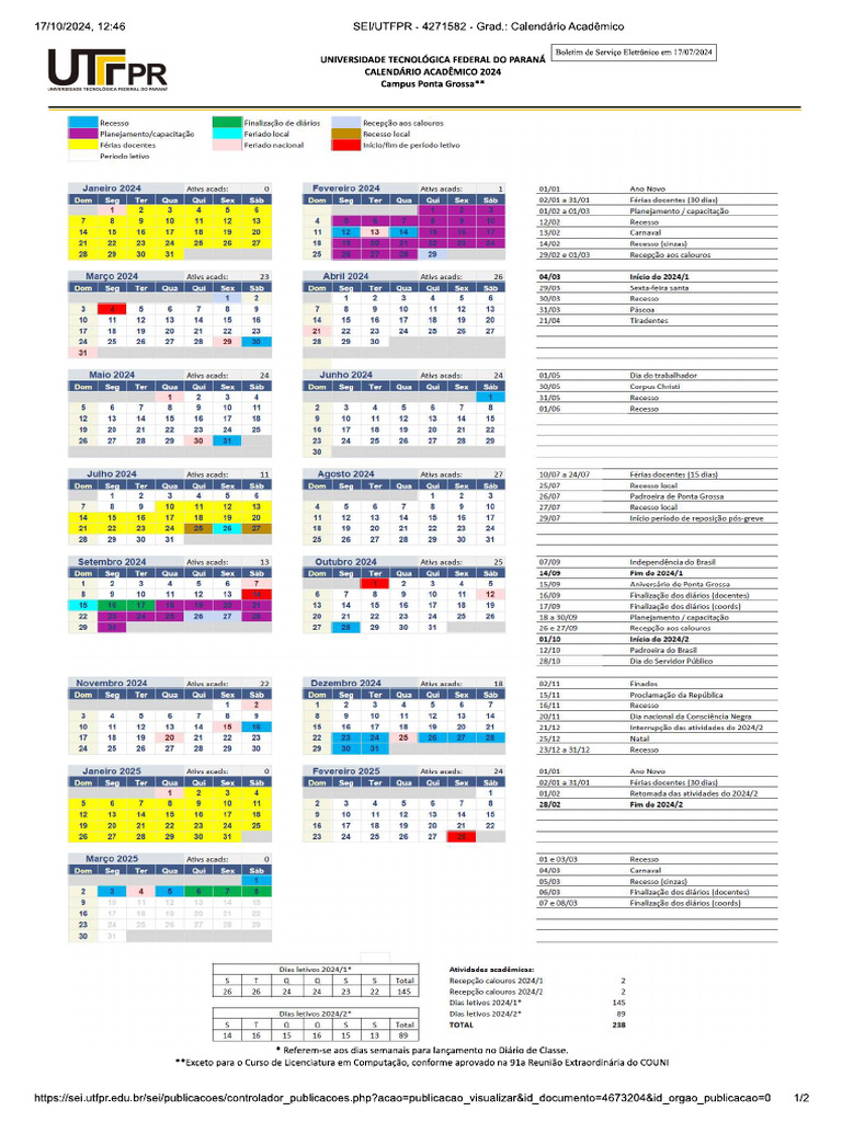 Calendário 2024-2 UTFPR | PDF