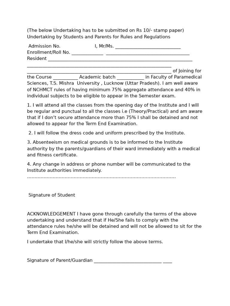 Undertaking For Attendance | PDF
