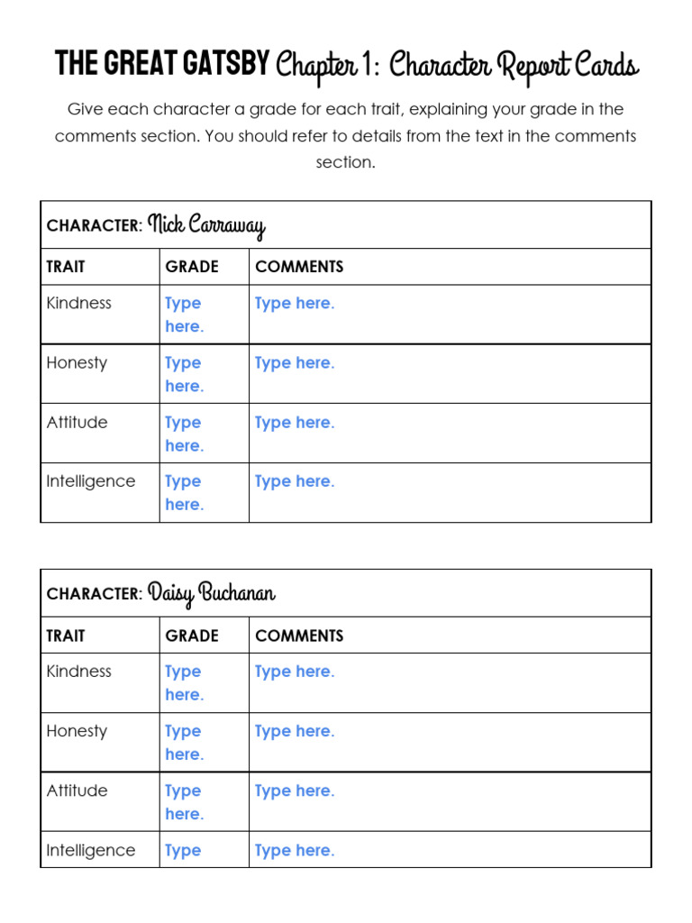 Gatsby Ch. 1 Character Report Cards | PDF | Home & Garden | Religion ...