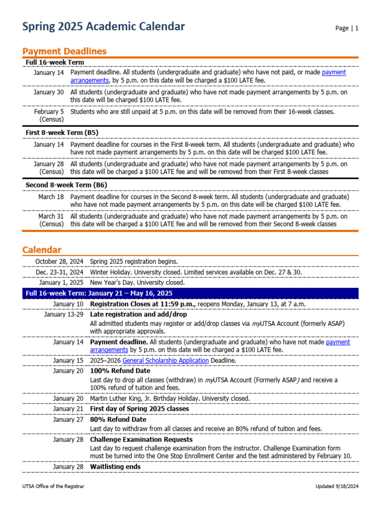 Spring 2025 Academic Calendar: Payment Deadlines | PDF | Fee | Tuition ...